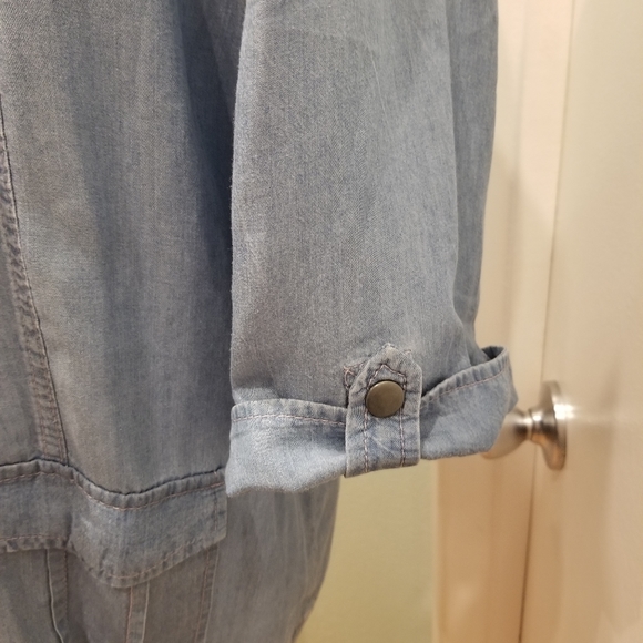 Tops | Short Sleeve Chambray Zip Front Light Cover Up | Poshmark